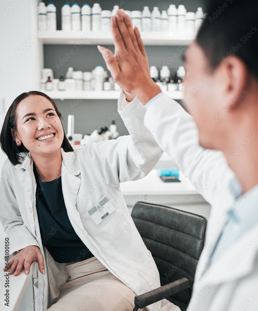 Science, research and man with woman, high five and support with ...