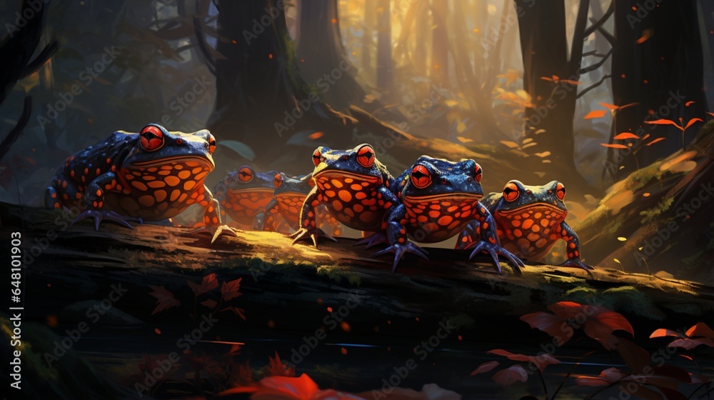 a group of colorful fire-bellied toads, with their vivid patterns and ...