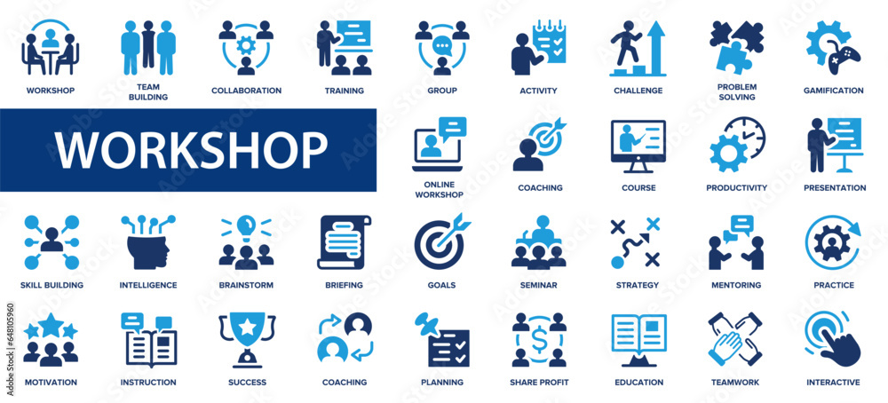 Workshop flat icons set. Summer vacations symbols. Teamwork, motivation ...