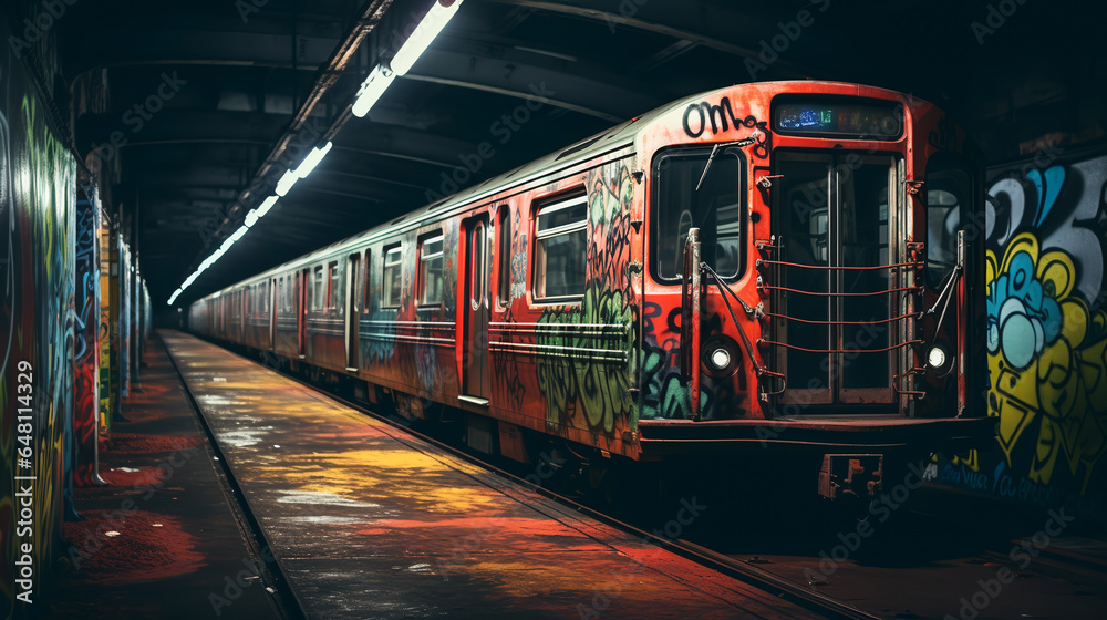 Dark lit underground subway station of 70s-80s in New York with ...