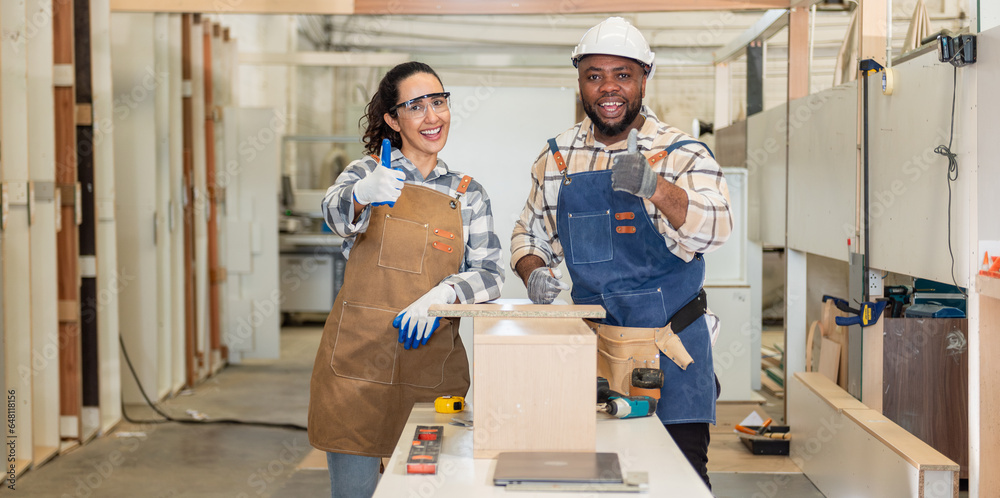 Two confident young carpenter teamwork coworker colleague standing look ...