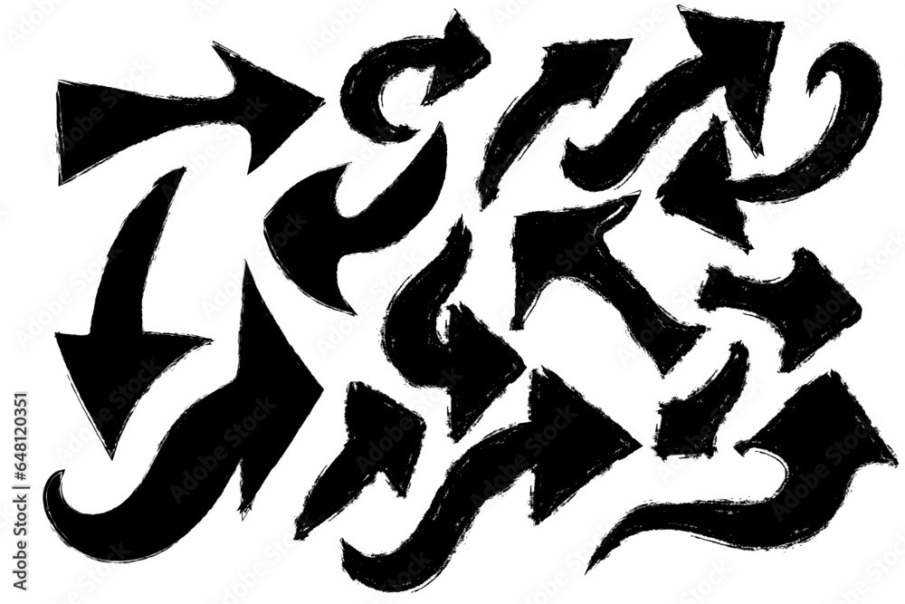 Collection of thick curling hand drawn grunge arrow shapes. Rough ...
