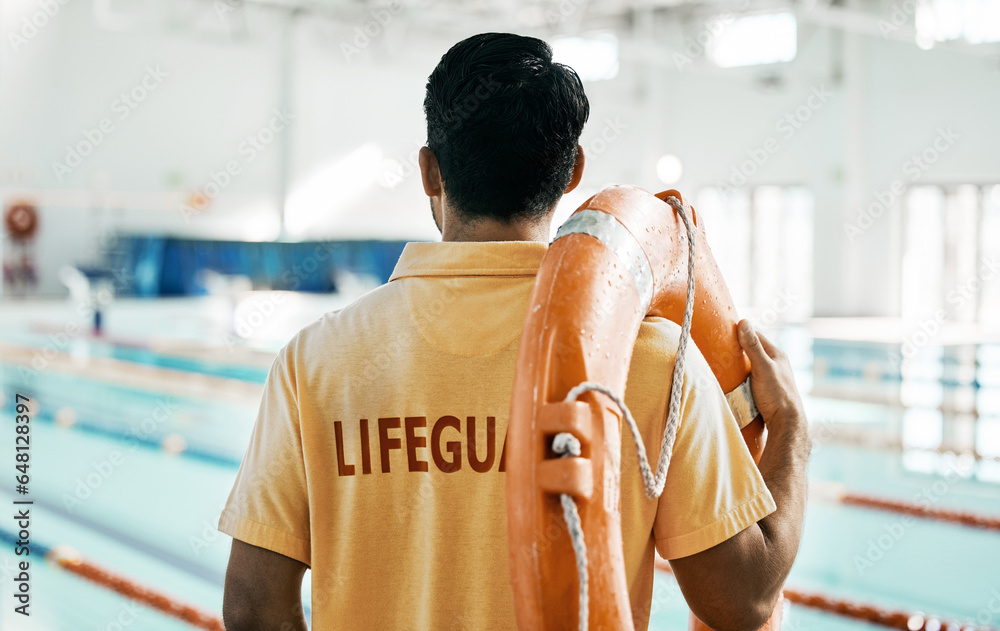 Lifeguard, back and person with swimming, pool or safety lifebuoy for ...