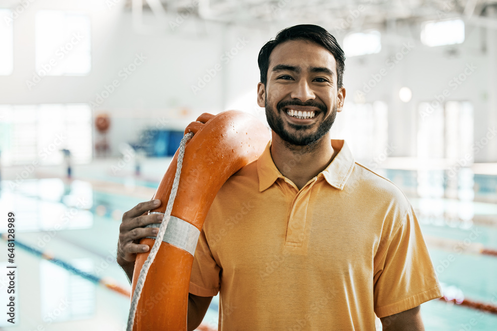 Lifeguard portrait, swimming pool and man with safety and lifebuoy for ...
