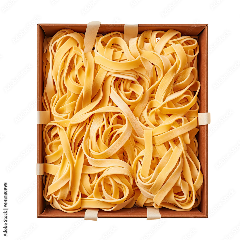 Uncooked rolled traditional italian pasta in white carton box. Portions ...