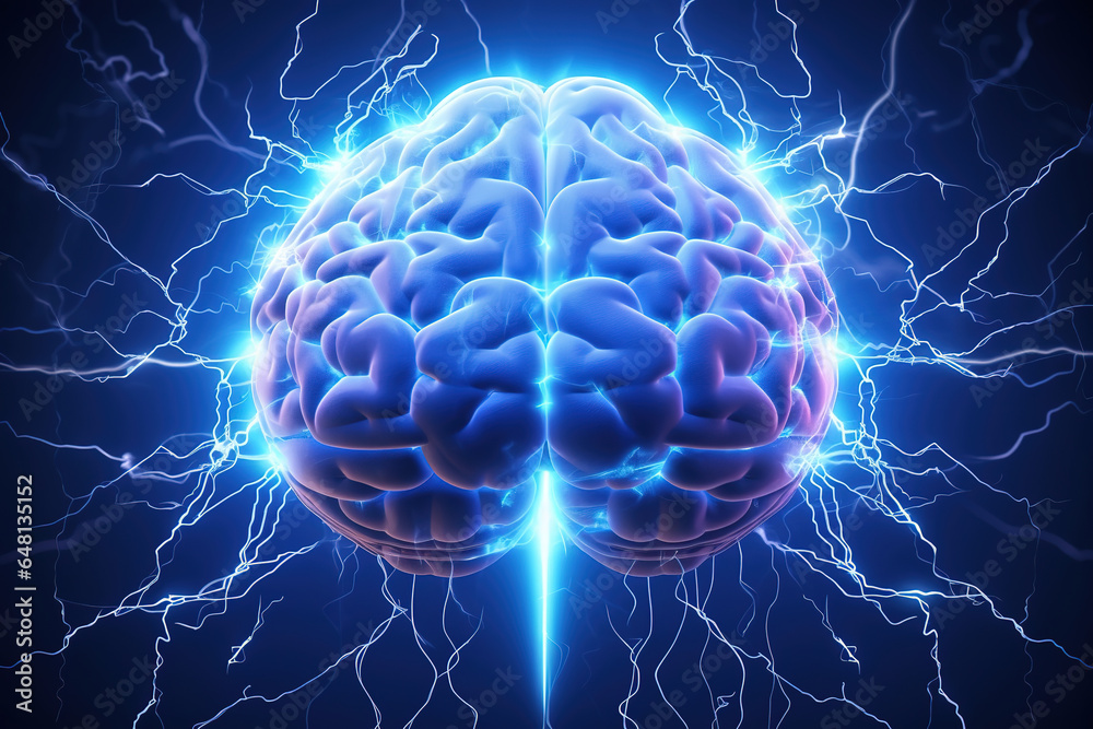 Human brain digital Electrical activity, flashes and lightning on a ...