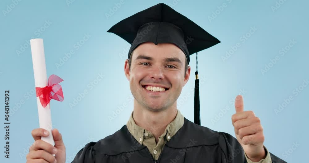 Graduation, man and thumbs up in studio, smile and face for achievement ...