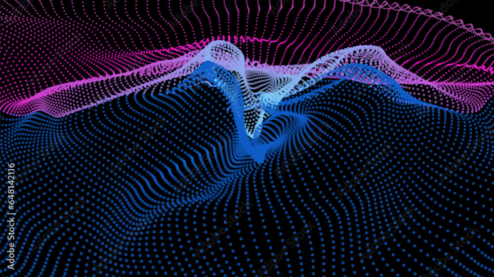 Energy net flows. Dot particle lines penetrating fog. Neon lights ...