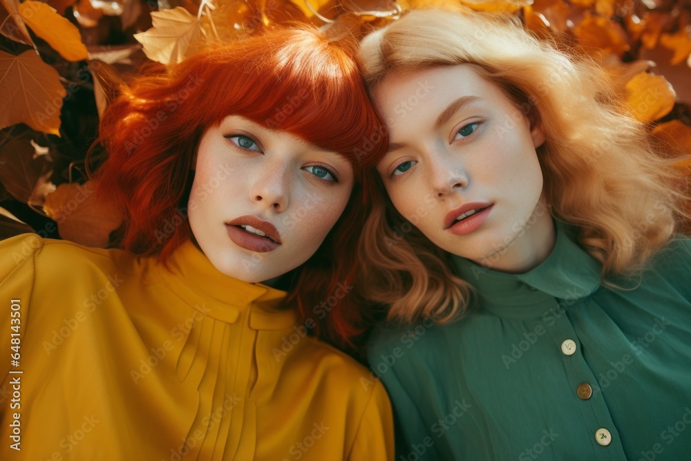 Two beautiful women embrace each other while surrounded by a flurry of ...