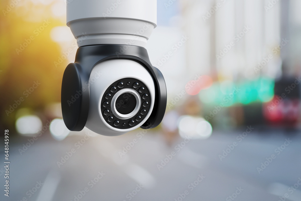 Surveillance cameras installed at each corner of streets monitoring ...