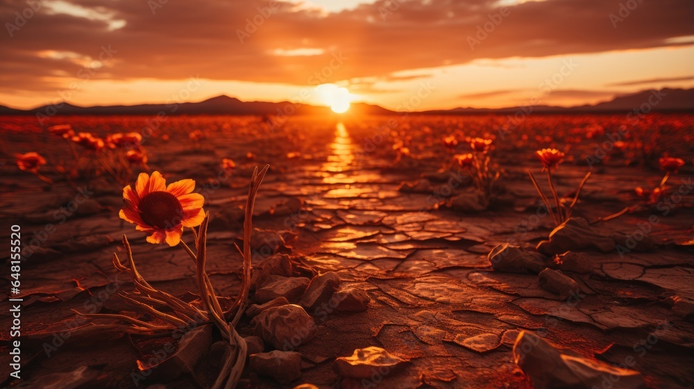 A dry desert sunset, cracked earth, and a withered flower. Resilience ...