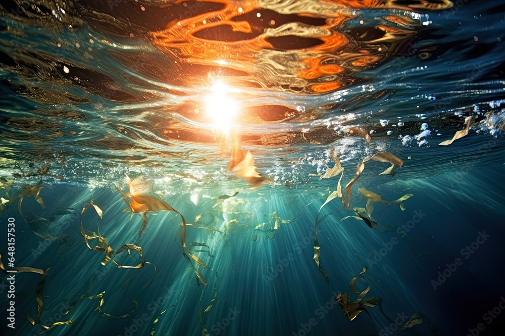 Algae in the ocean. The rays of the sun and the orange color are ...