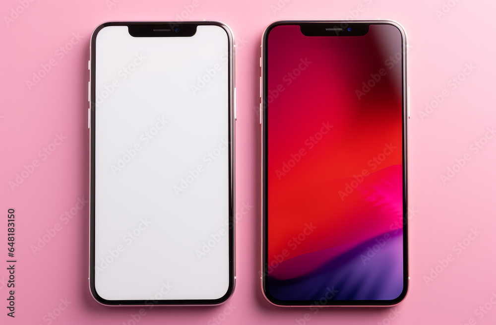 Two iPhones. Isolated on a pink background. Insert your own screen ...