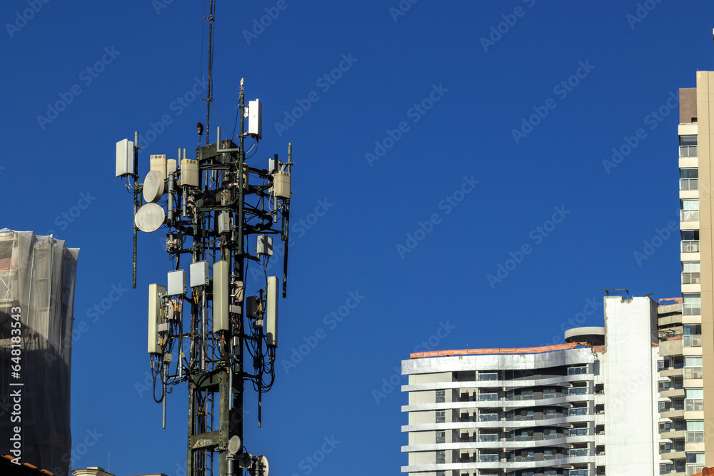 Telecommunication tower with copy space.Digital wireless 4G and 5G ...