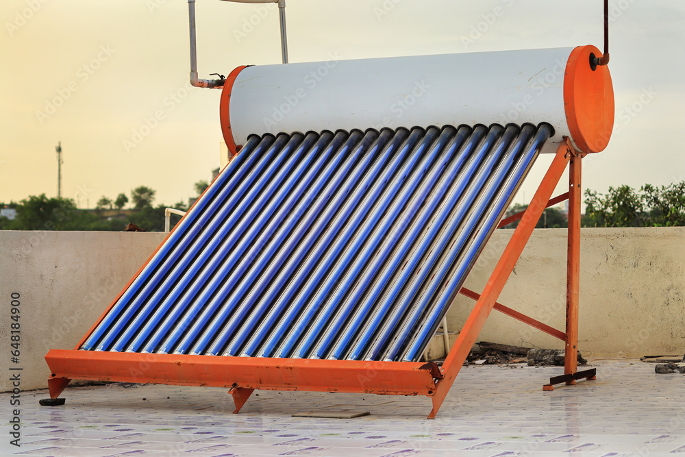 View of rooftop solar water heater from a house at Gujarat, India or ...