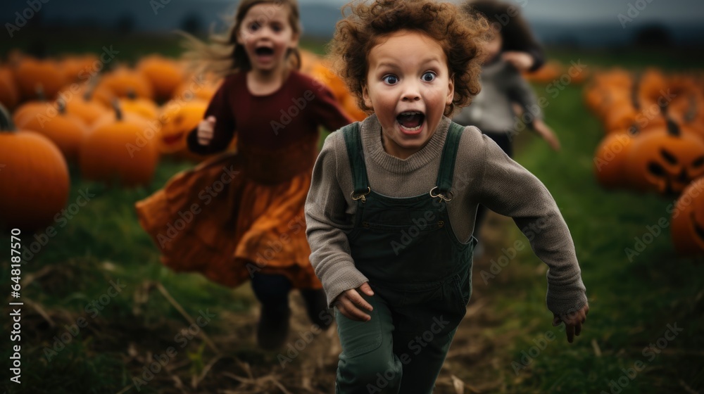 Halloween scene, terrified screaming kids runs in panic across a field ...