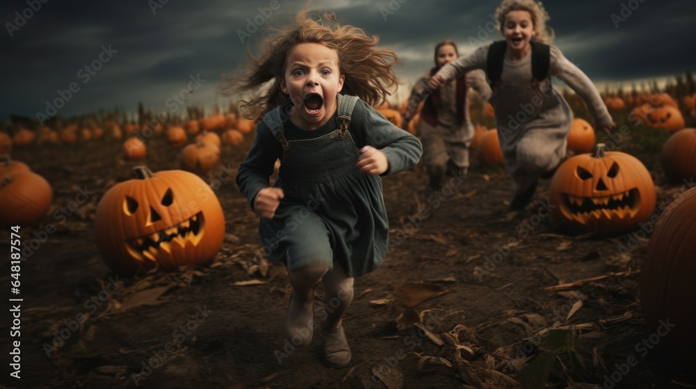 Halloween scene, terrified screaming kids runs in panic across a field ...