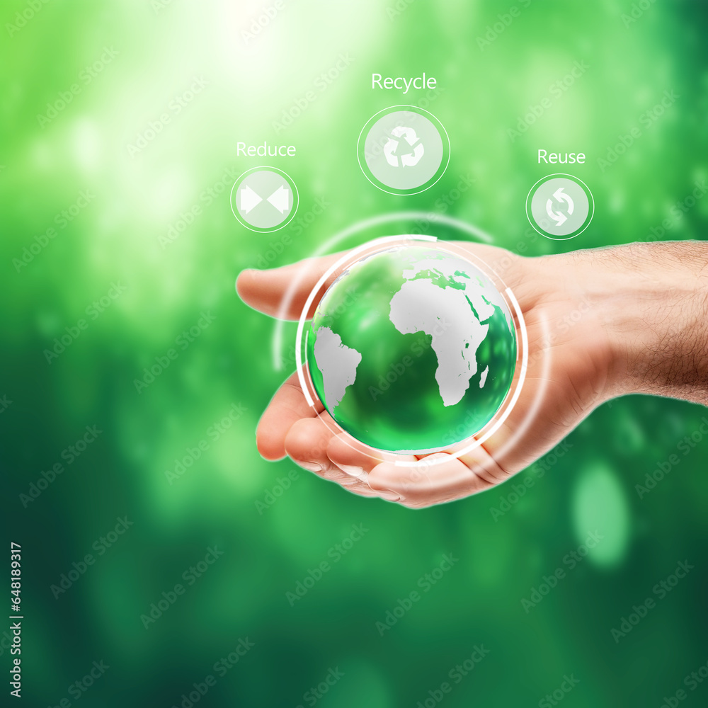 The hands holding the Earth and the icon of reuse reduce recycle and ...