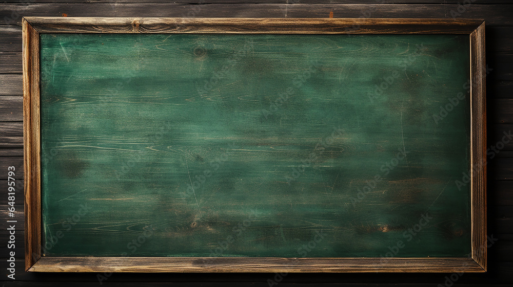 Empty green chalkboard background with wooden frame. Dirty erased chalk ...