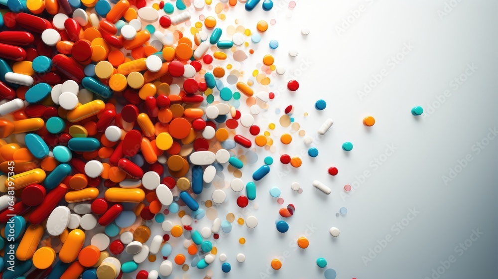 Pharmaceutical-themed background featuring tablets and capsules ...