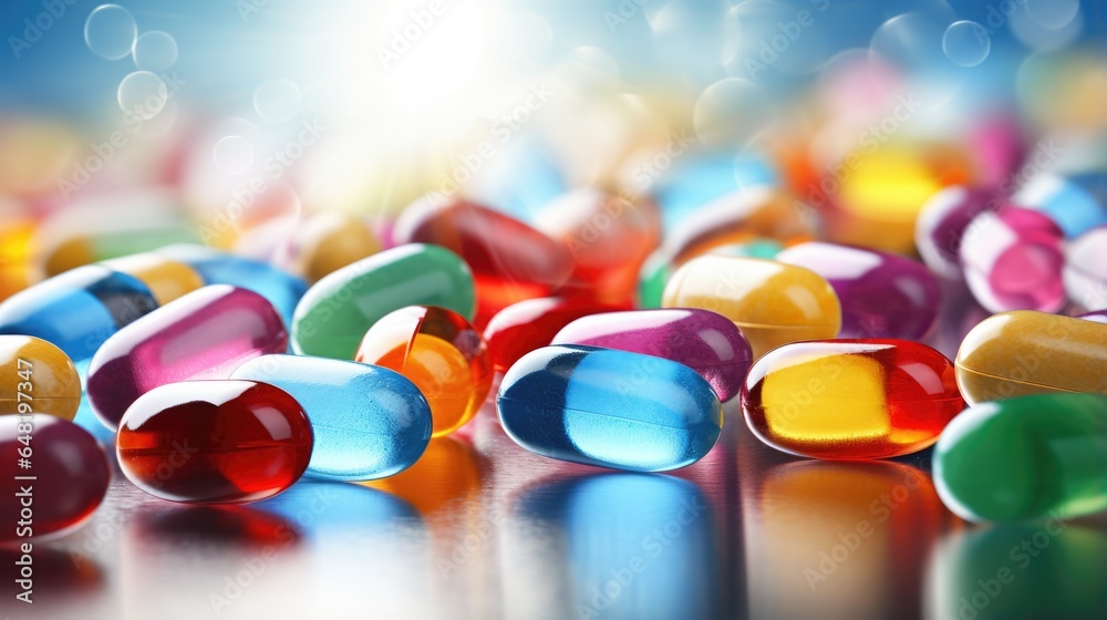 Pharmaceutical-themed background featuring tablets and capsules ...