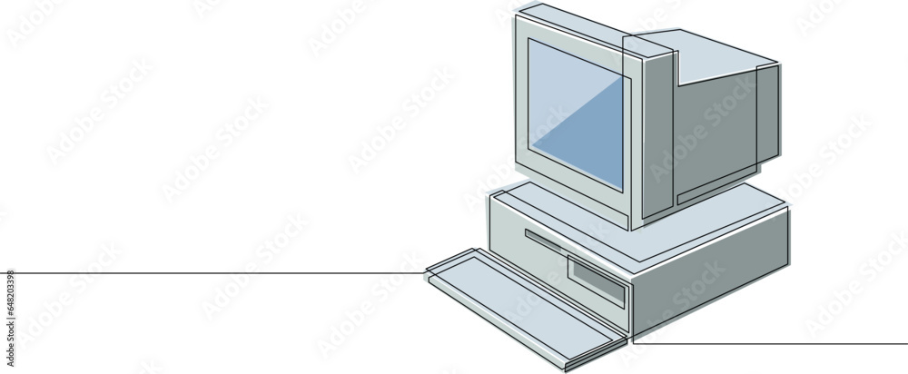 Retro personal computer continuous one line drawing with colours ...