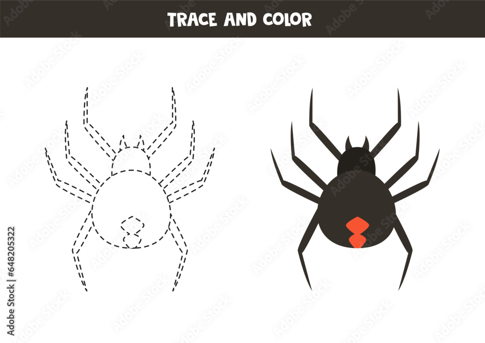 Trace and color cute cartoon red back spider. Worksheet for kids. Stock ...