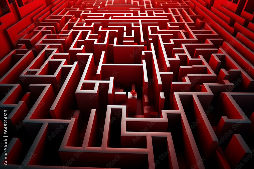 Conceptual 3D render: finding a solution. Maze with red path and arrow ...