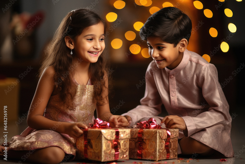 Little boy and girl giving gifts to each other on diwali festival ...