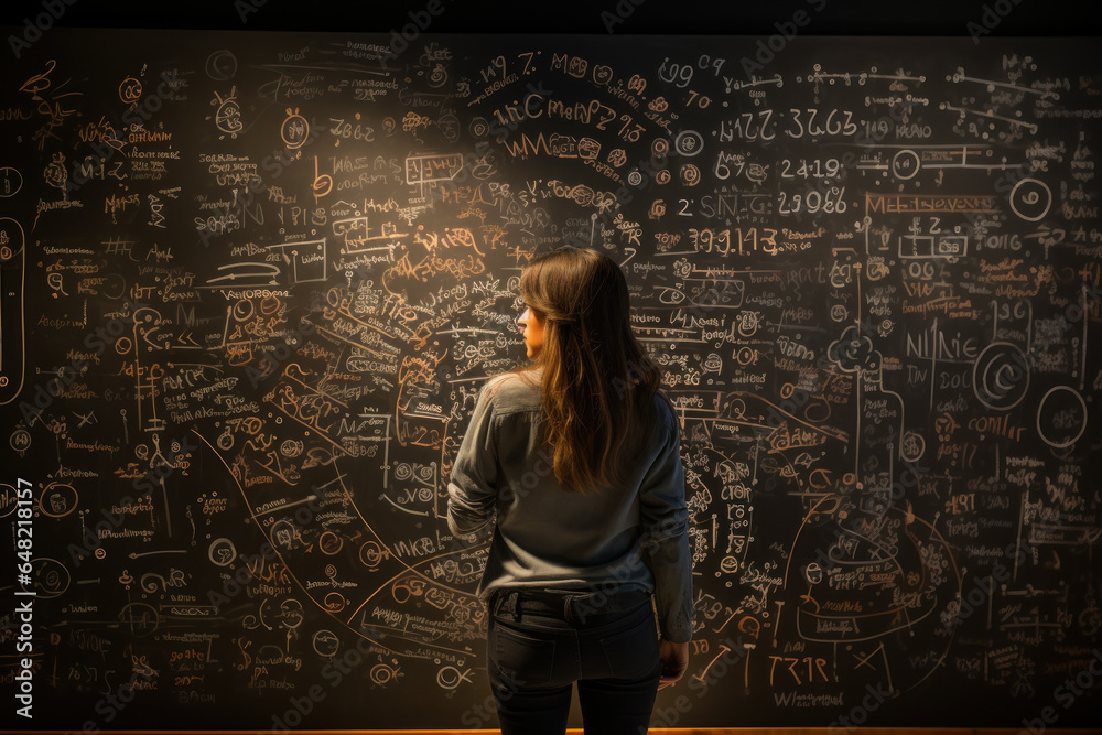 A female mathematician explaining complex equations on a chalkboard ...