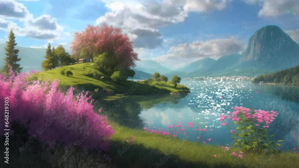 landscape with lake and trees in the spring nature with cherry blossom ...