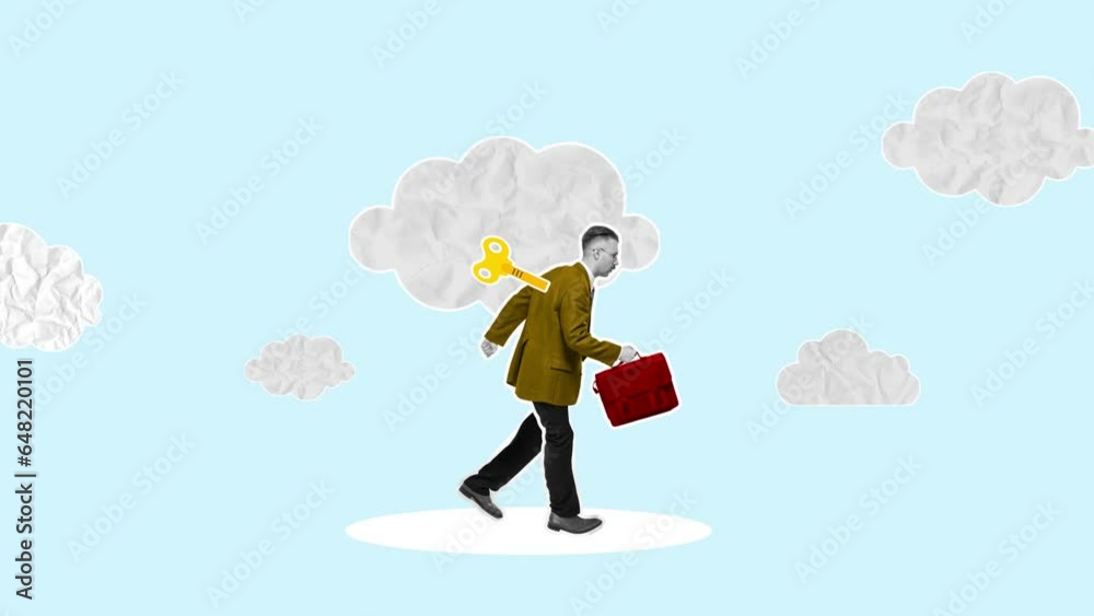 Businessman in suit with briefcase and key onto back walking to work ...