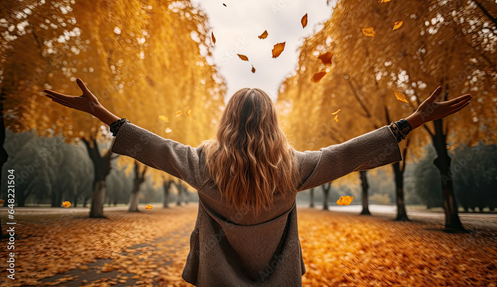 Young woman relaxing at park during autumn season with flying scarf ...