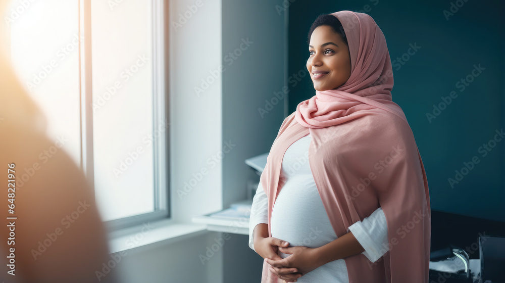 Generative AI, happy pregnant muslim woman at a doctor's appointment ...