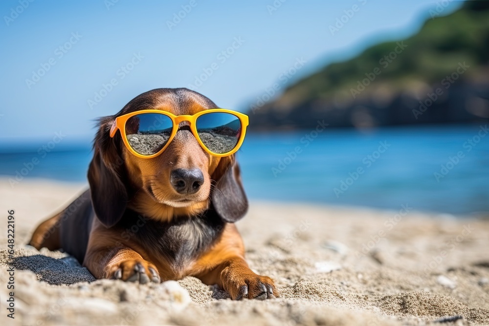 beautiful dog breed of dachshund, black and tan, buried in the sand at ...