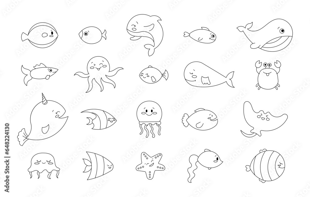 Cartoon aquatic animals. Coloring Page. Fish characters underwater ...