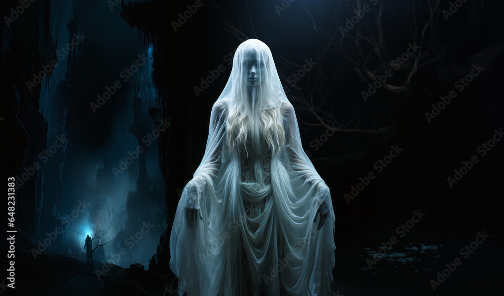white woman, ghostly girl, haunting lady, dark cave, forest, landscape ...
