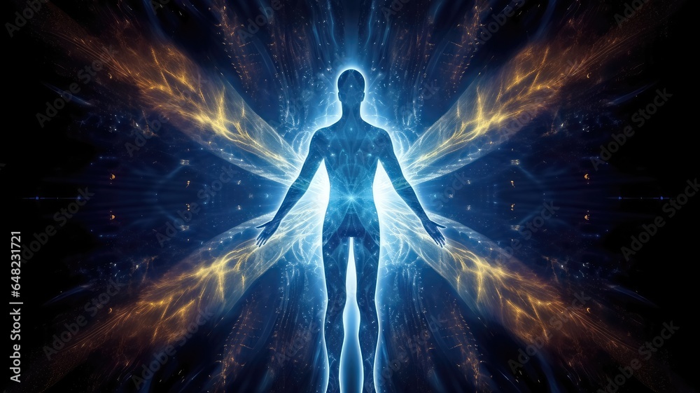 Exploring the Gateway to Another Universe. Radiant Human Figure ...