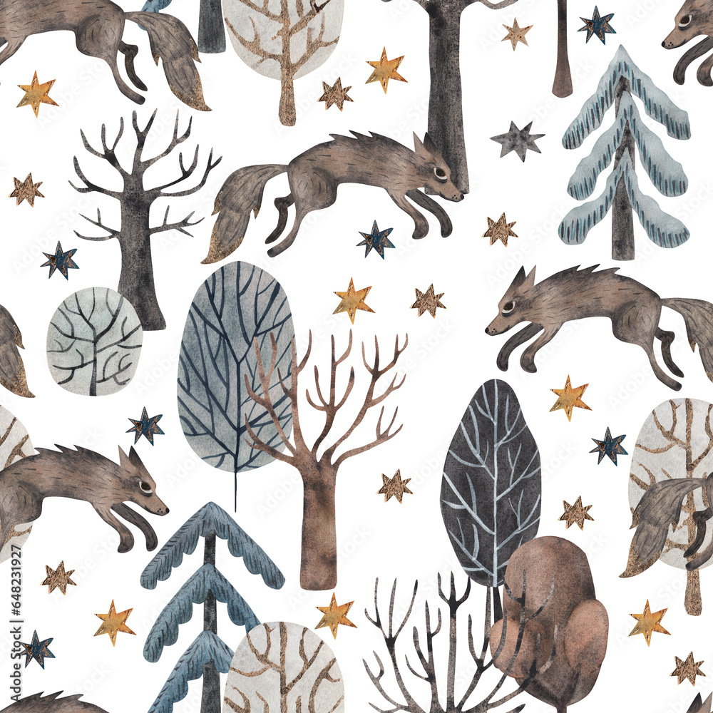 Gray wolf in the forest. Seamless pattern. Watercolor illustration in ...