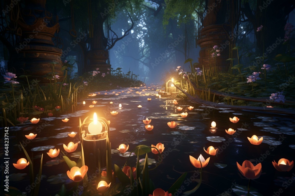 Experience a breathtaking forest environment featuring a radiant river ...