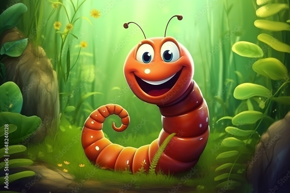 Cute worm character in a garden or forest. Funny smiling larva or grub ...