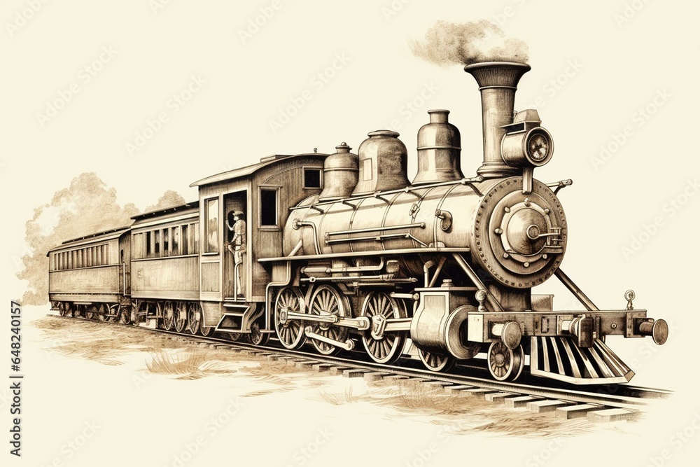 Vintage train drawing in a sketch engraving style, with transparent ...
