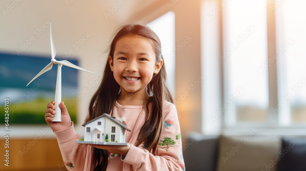 young cute girl with electric generator wind turbine toy and small ...