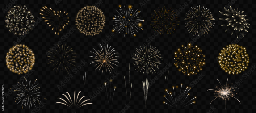Gold fireworks vector set. Collection of realistic golden fireworks ...