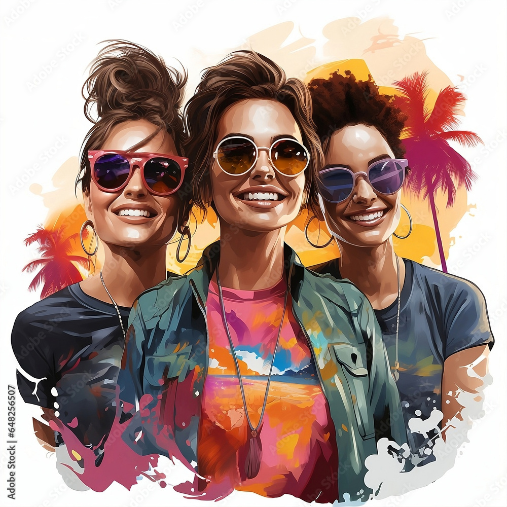 ilustración o pintura de tres mujeres divertidas y contentas con gafas ...