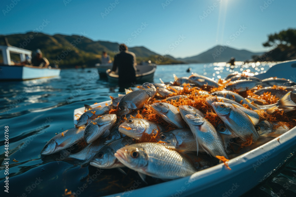 Catch of fresh fish lying on a fishing boat in a tropical sea Stock ...