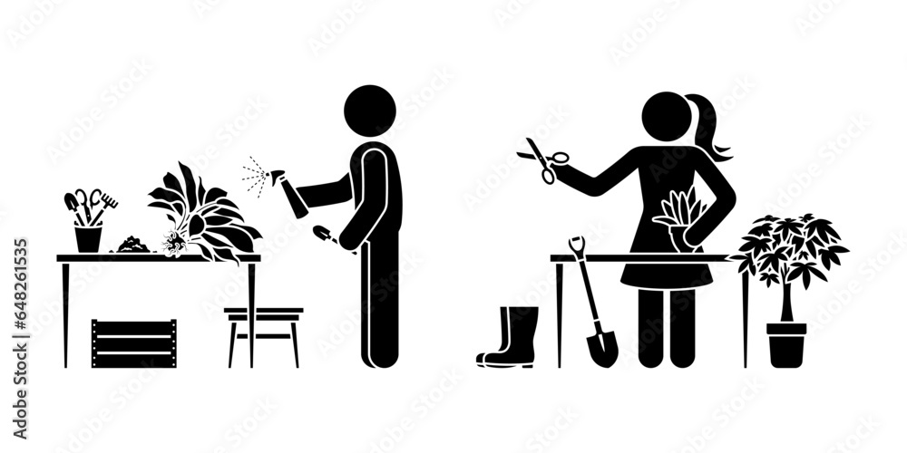 Stick figure man with sprayer and woman with scissors vector ...