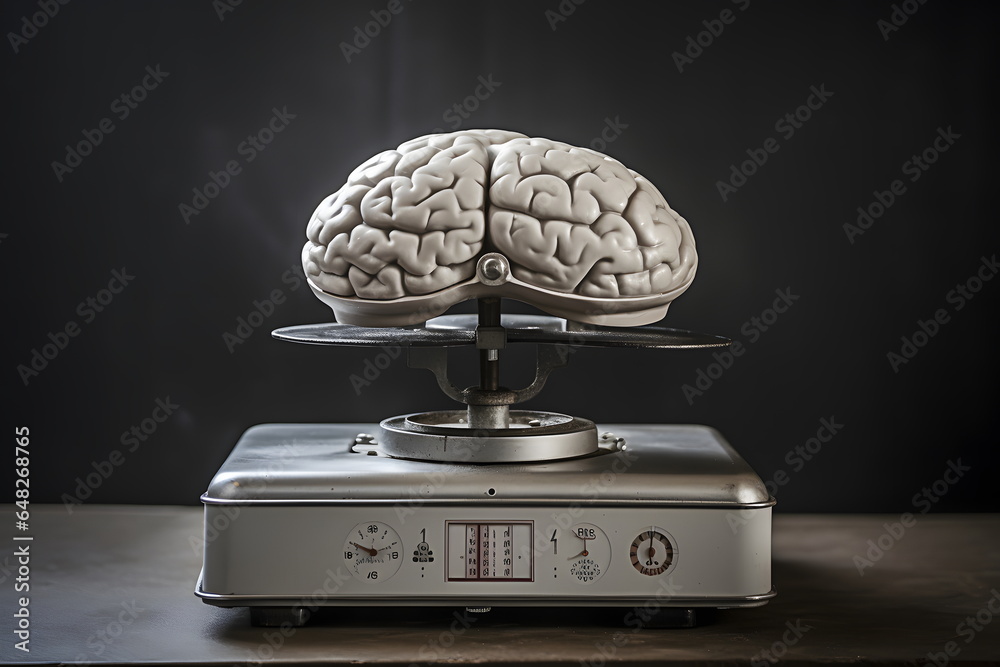 Old scales measure weight of human brain on dark background. Ability of ...