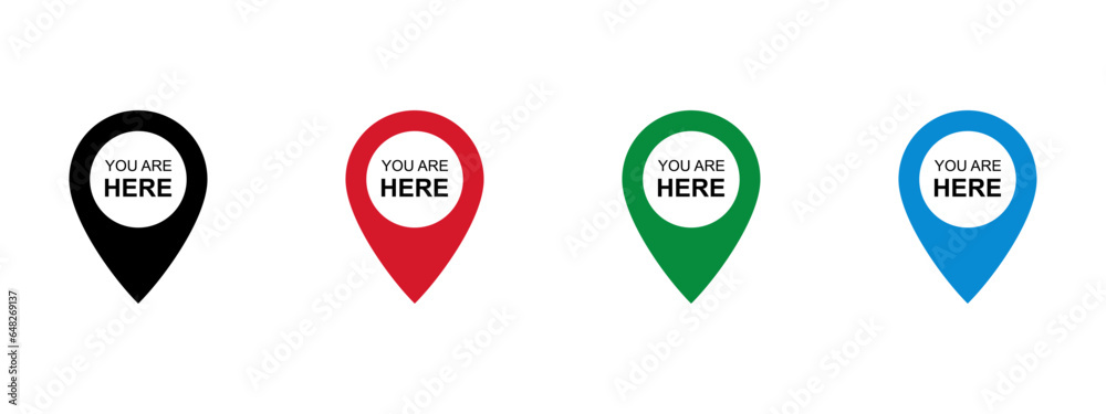 You Are Here pointer set. Flat, color You Are Here icons. GPS map pins ...