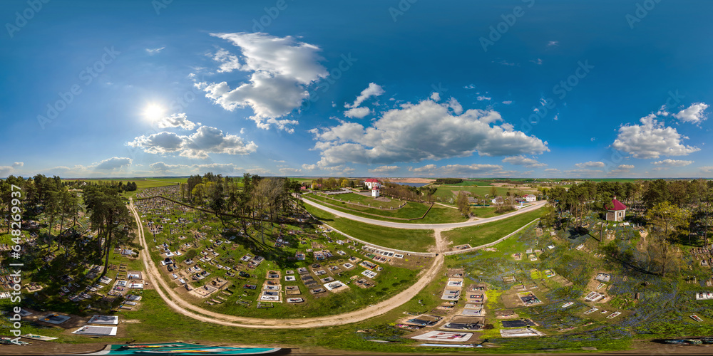 aerial hdri 360 panorama view above cemetery among pine forest in ...